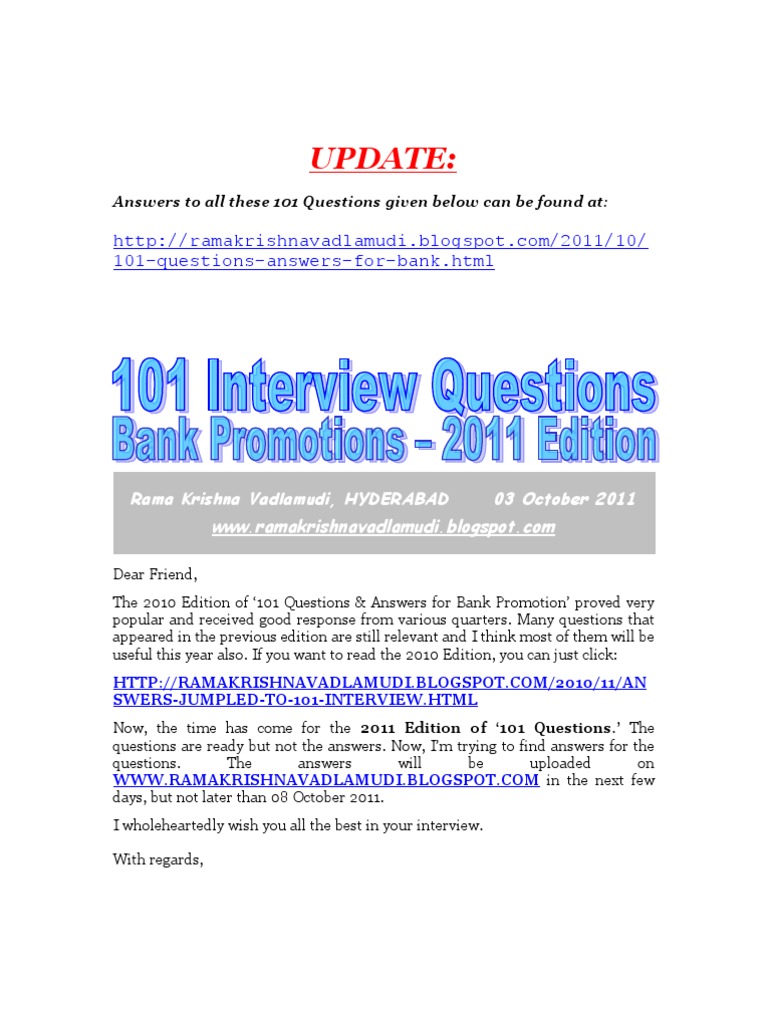 101 Questions For Bank Interview-2011 Edition-VRK100-03Oct2011 | PDF ...