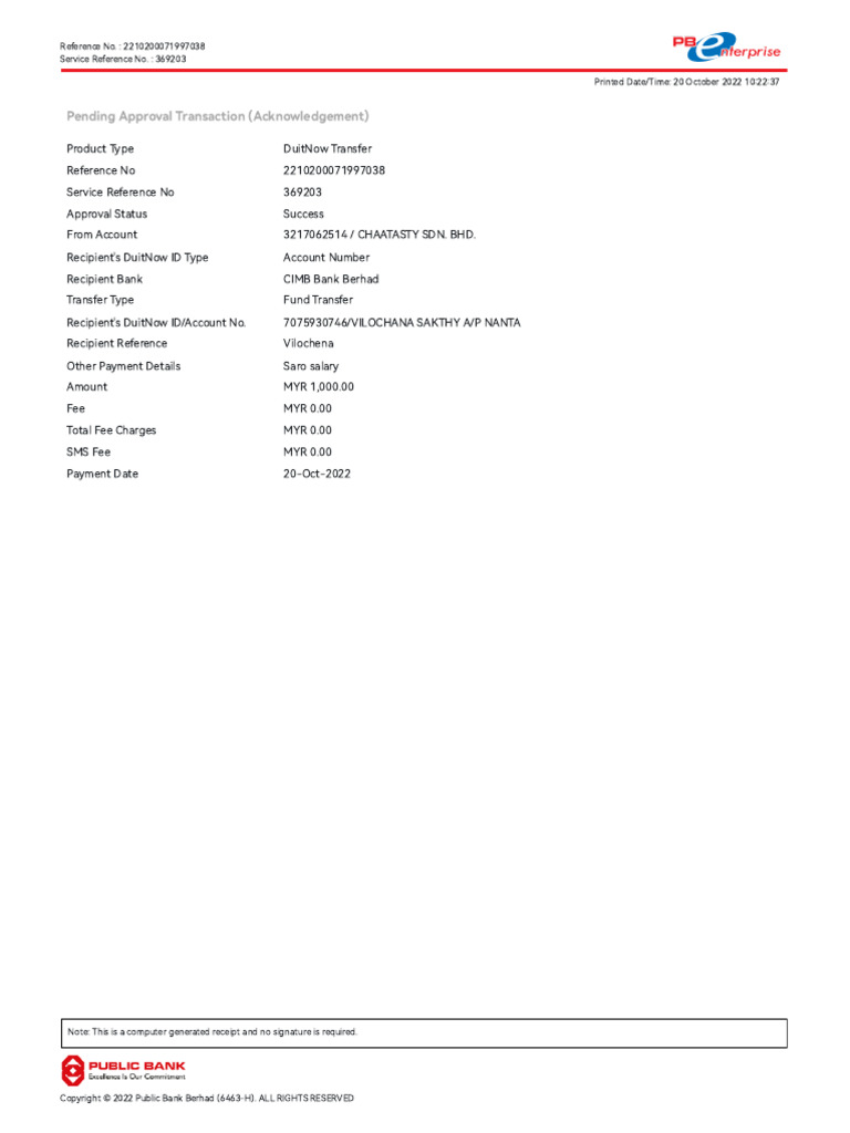 DuitNow Transfer Acknowledgement Receipt | PDF | Finance & Money Management