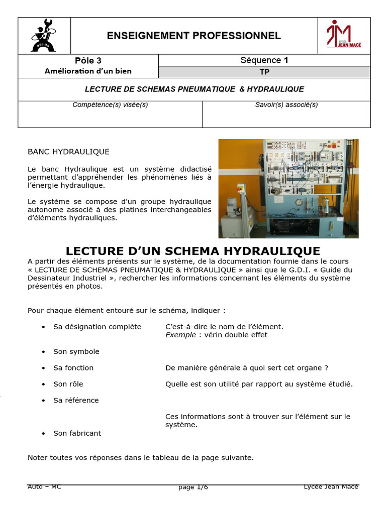 Séq 01 - TP Lecture de Schéma Hydrau - Banc Hydrau | PDF | Ordinateurs | Technologie et ingénierie
