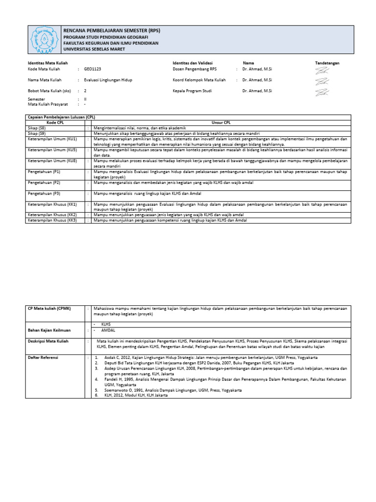 RPS Evaluasi Lingkungan 2020 | PDF