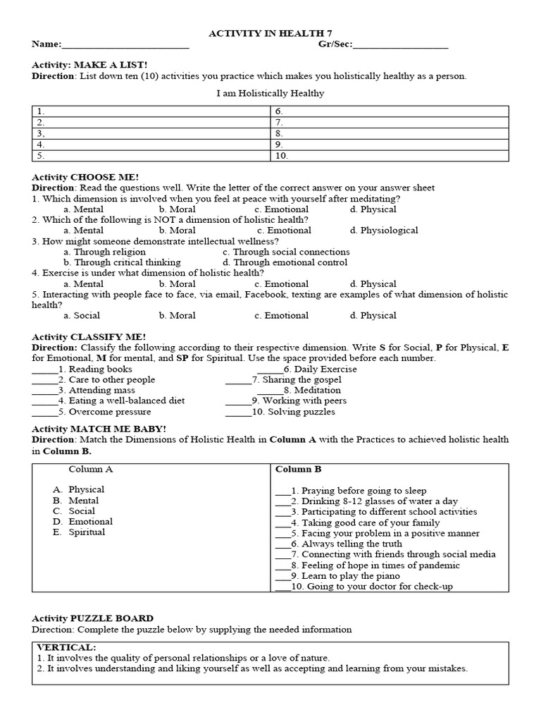 Mapeh 7 Health Activity | PDF | Mental Health | Emotions