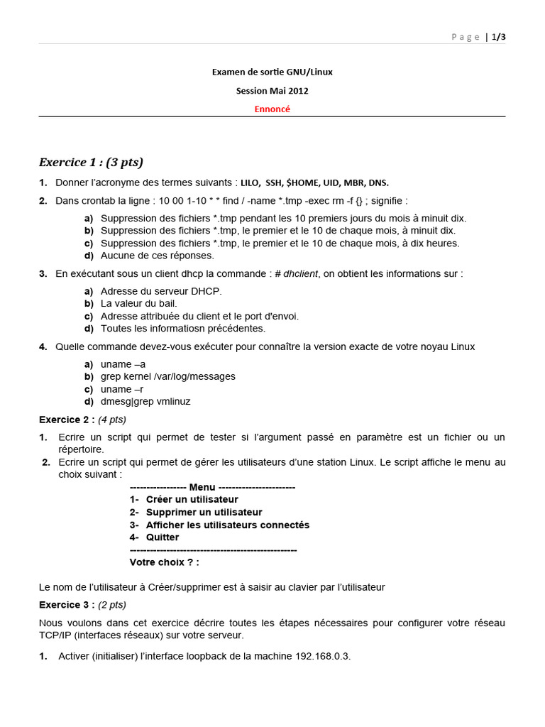 Examen Linux Mai 2012 - Ennoncé | PDF | Système de noms de domaines | Logiciel