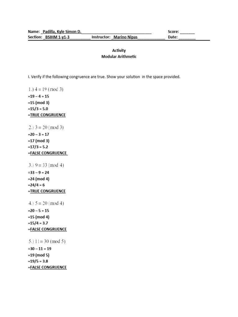 Activity - Modular Arithmetic | PDF | Teaching Methods & Materials