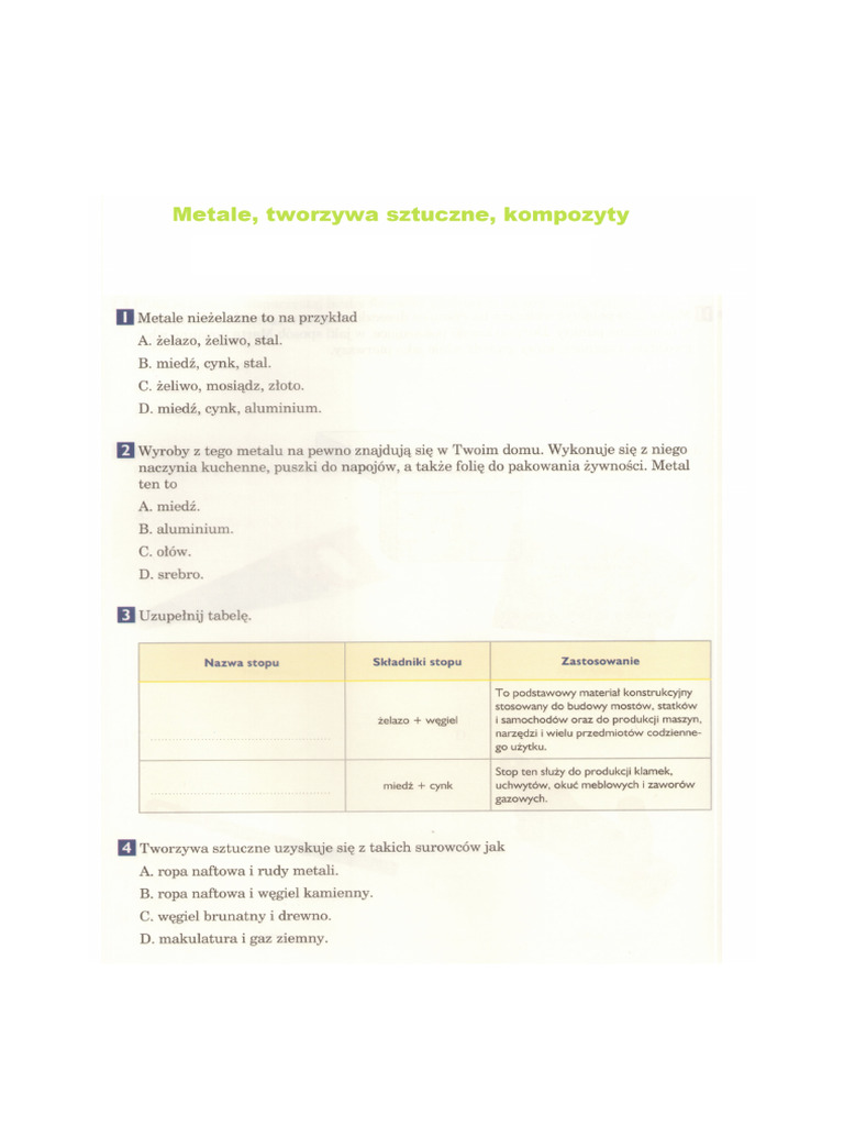 TECHNIKA 5, TABELA, Powtã Rzenie Wiadomoå Ci - Kompozyty, Metale, Tworzywa Sztuczne | PDF