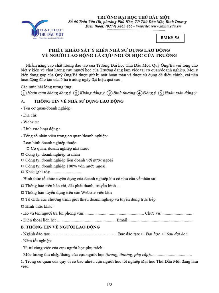 Phieu Khao sat y kien nha su dung lao dong về nguoi lao dong | PDF