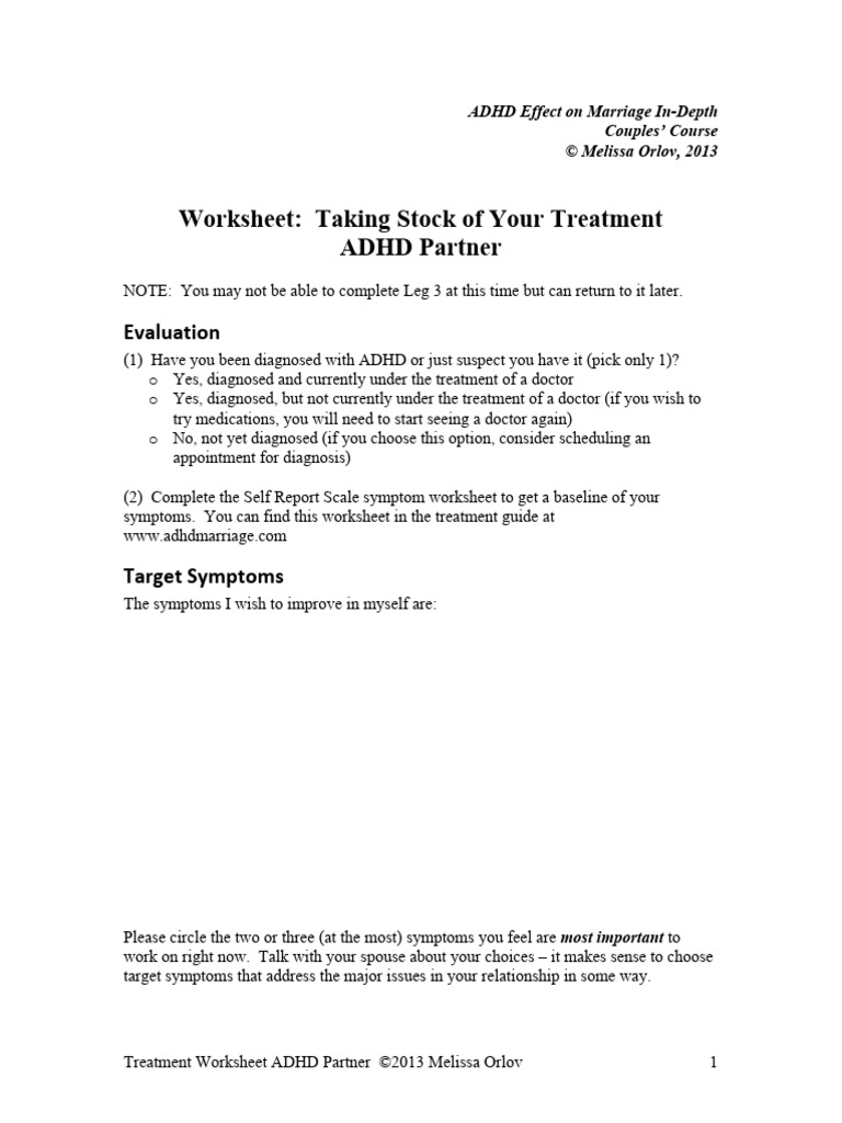 Taking Stock of ADHD Treatment Worksheet | PDF | Attention Deficit ...