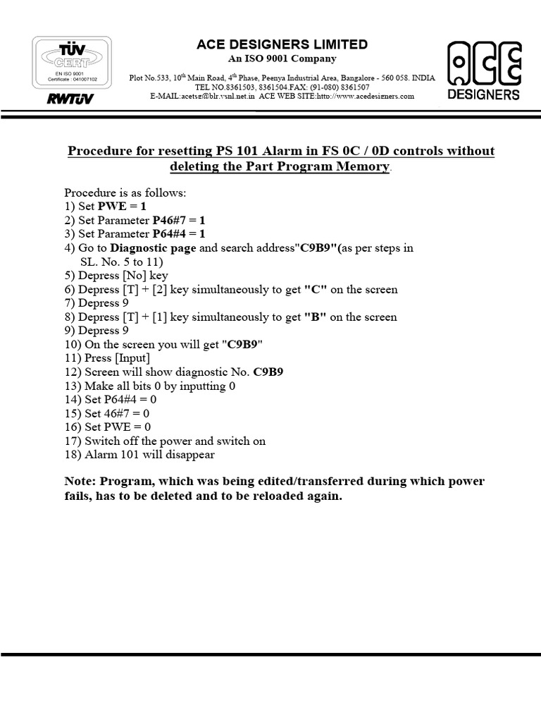 Procedure To Reset PS 101 Alarm | PDF