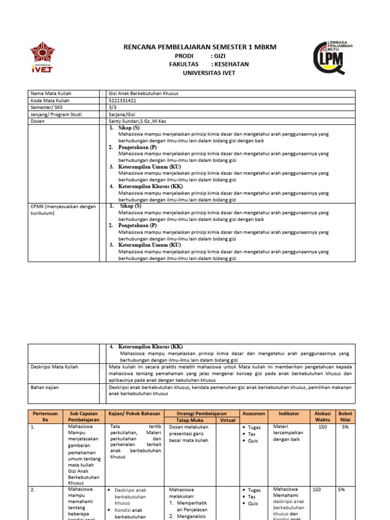 RPS Gizi Anak Berkebutuhan Khusus | PDF | Pengembangan Diri | Kesehatan Holistik