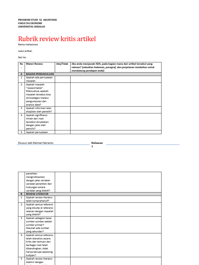 Rubrik Review Kritis Artikel | PDF