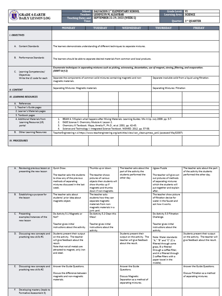DLL - Science 6 - Q1 - W5 | PDF | Filtration | Learning