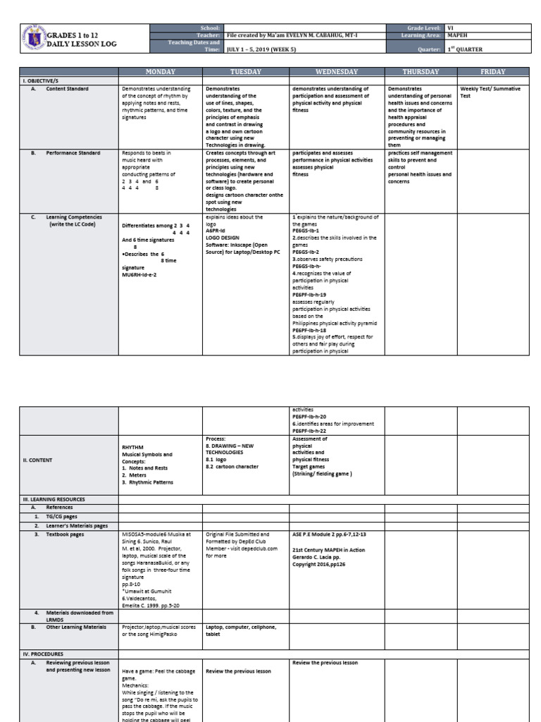DLL - Mapeh 6 - Q1 - W5 | PDF | Rhythm | Laptop