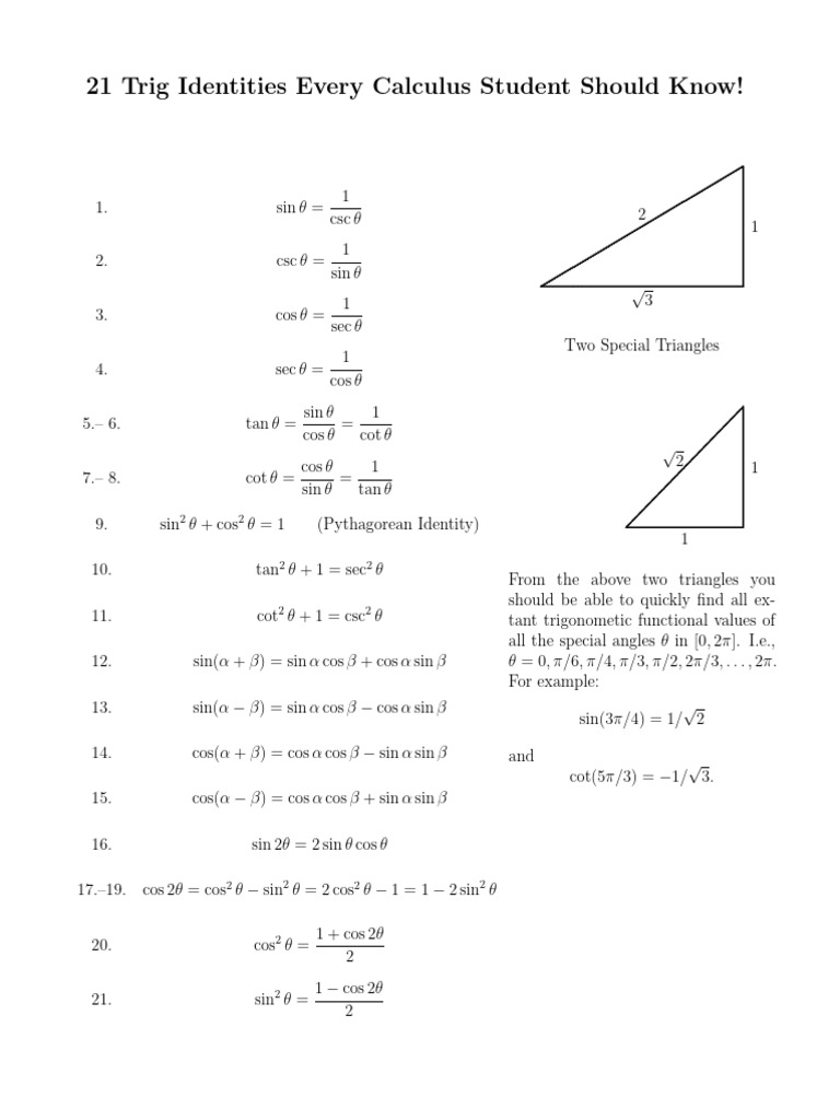21 Trig Identities | PDF | Trigonometric Functions | Euclidean Plane Geometry