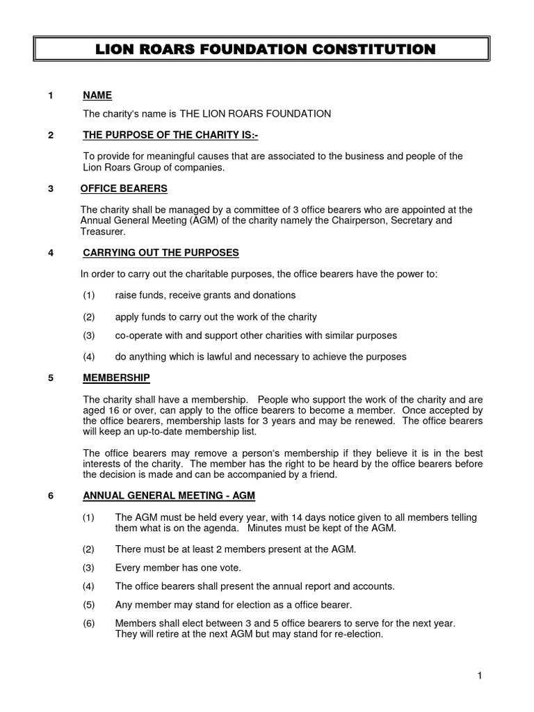 Lion Roars Foundation Constitution | PDF | Charitable Organization ...