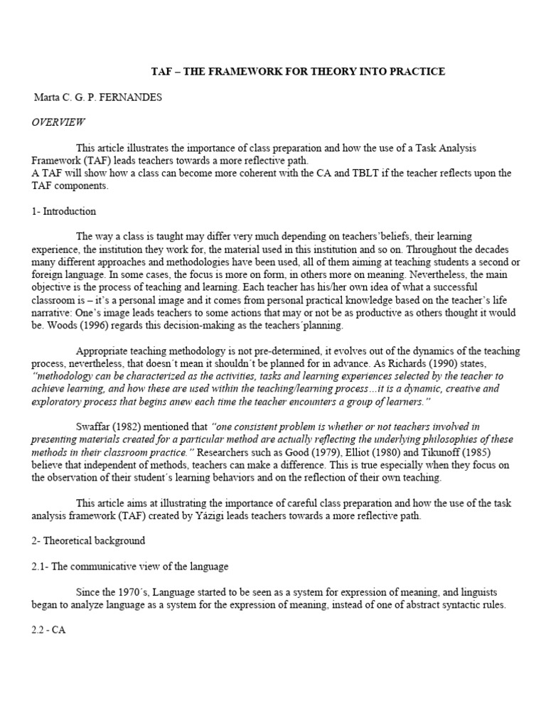 TAF – THE FRAMEWORK FOR THEORY INTO PRACTICE | PDF | Learning | Teachers