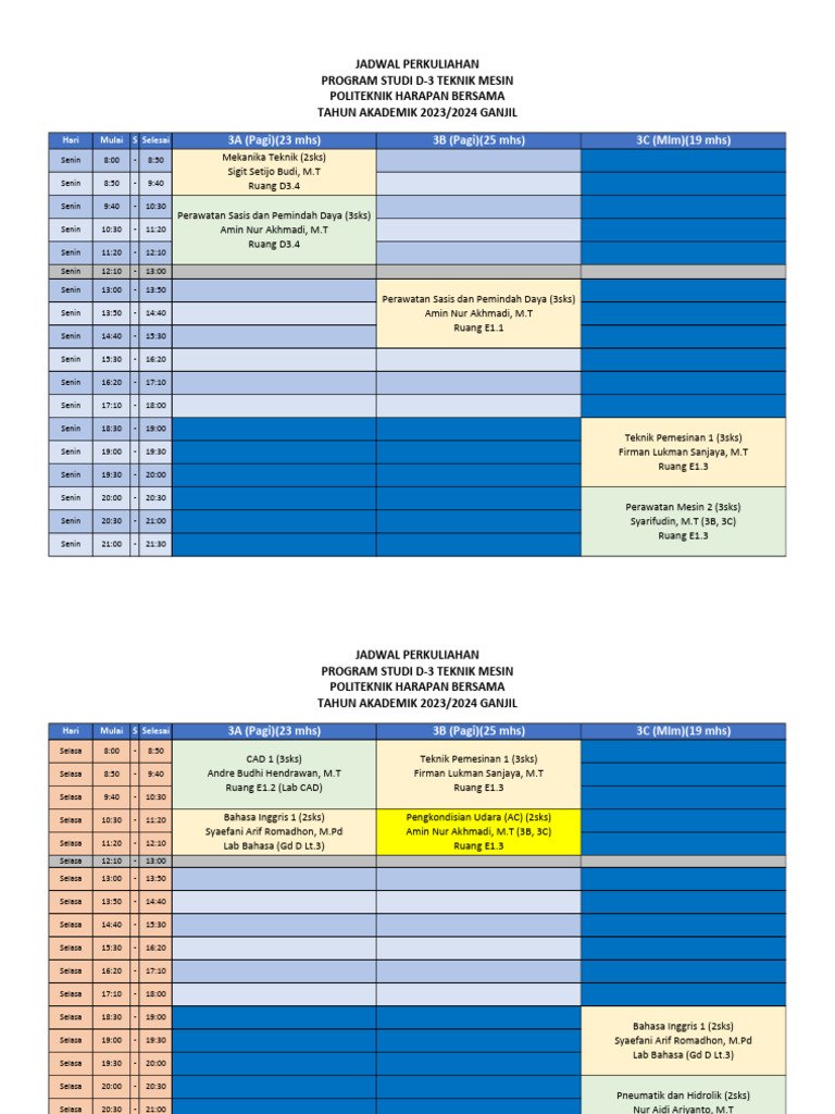 Jadwal Perkuliahan Sem 3 (Update 18 Sep 2023) | PDF