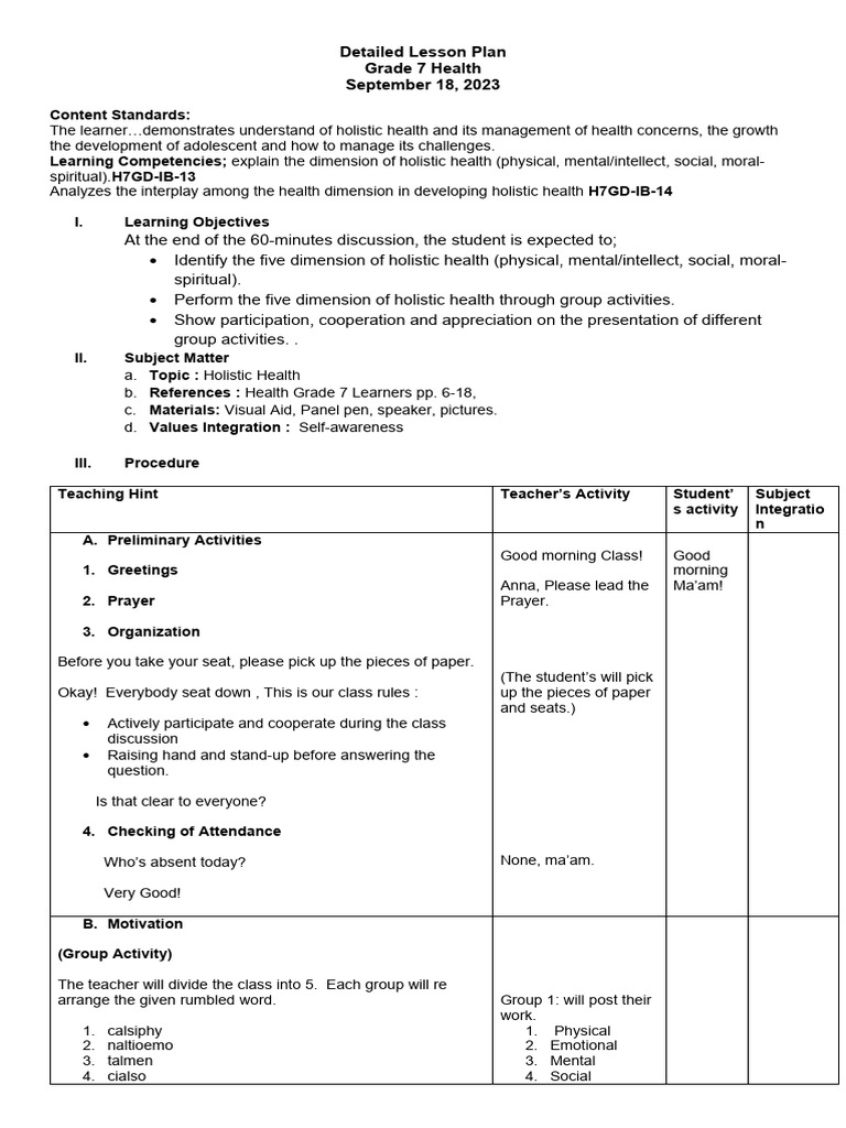Detailed Lesson Plan in Grade 7 Health | PDF