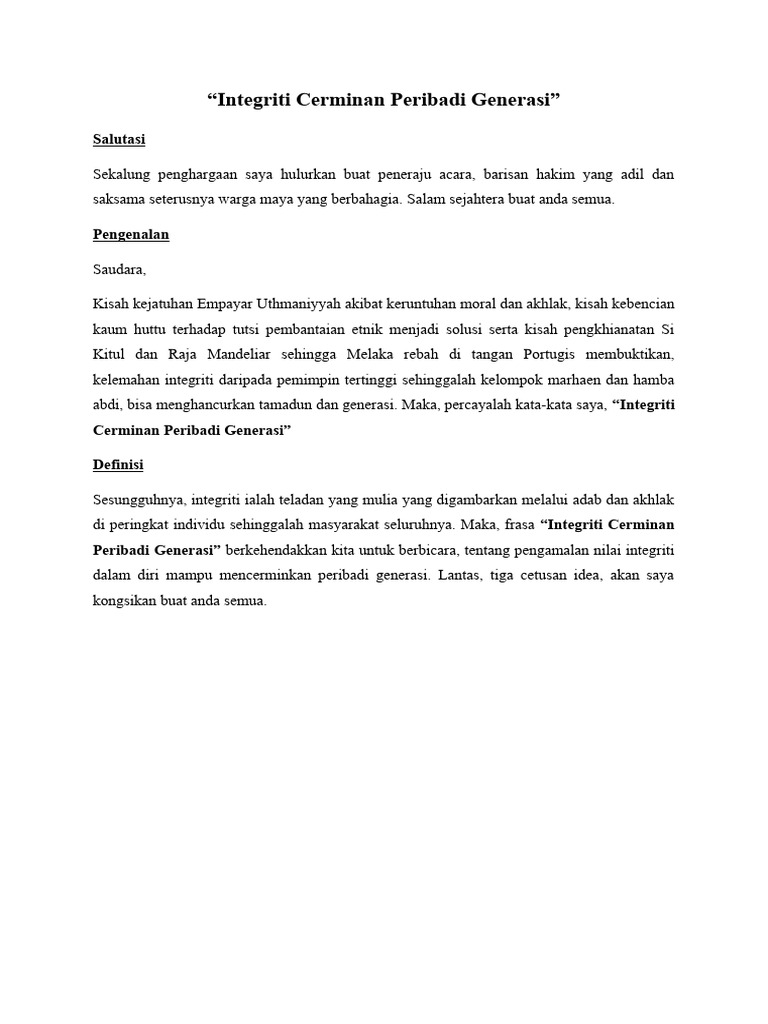 Teks Pidato Integriti Membentuk Peribadi Generasi | PDF