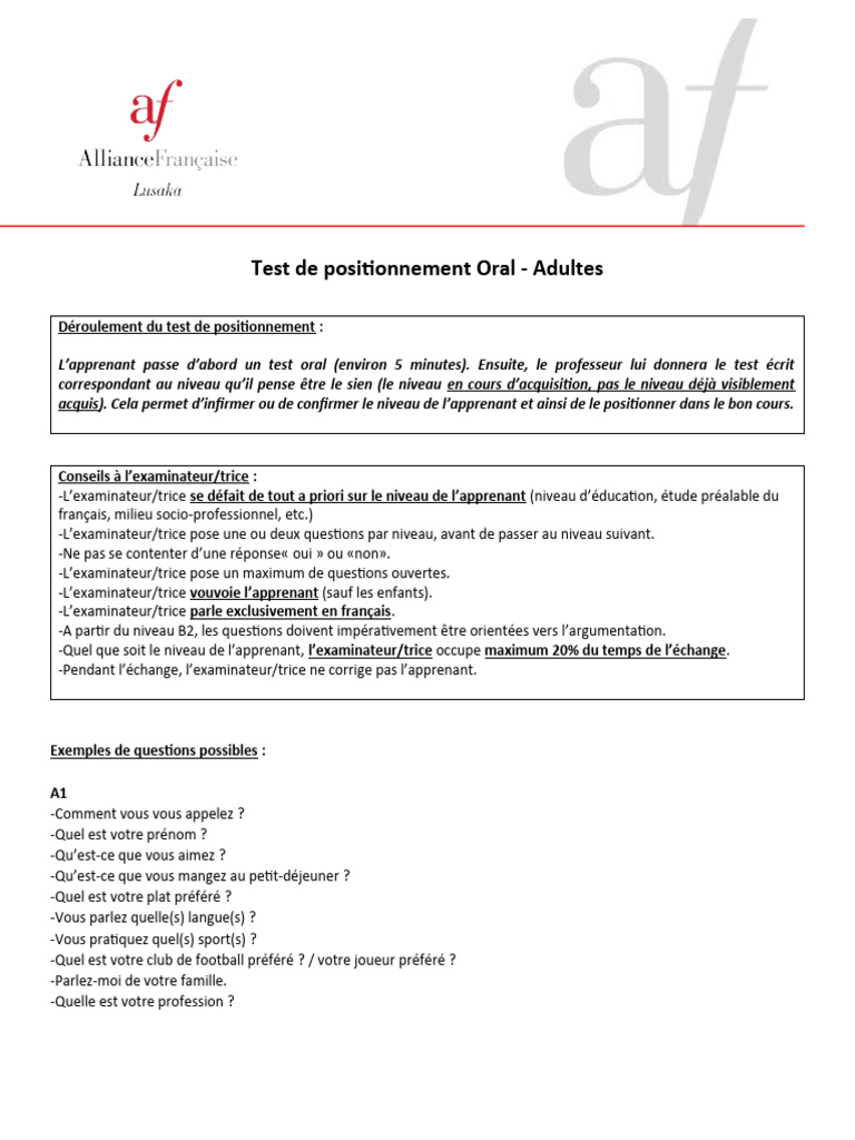 Test de Positionnement Oral - QUESTIONS | PDF