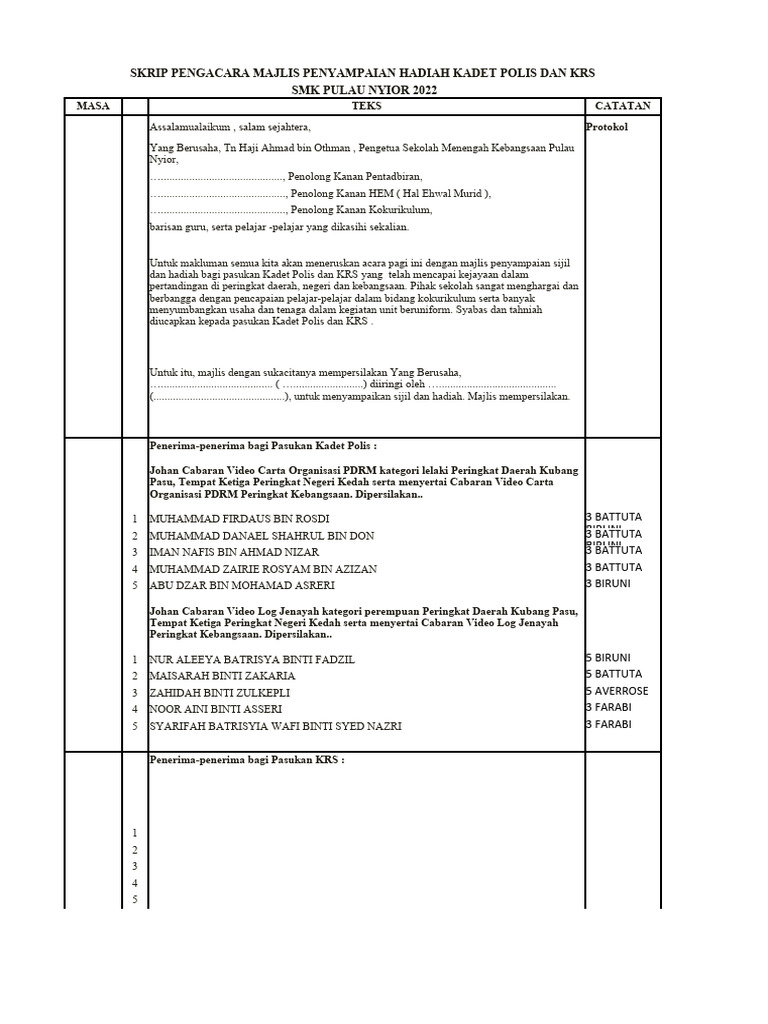 Skrip Pengacara Majlis Penyampaian Hadiah | PDF