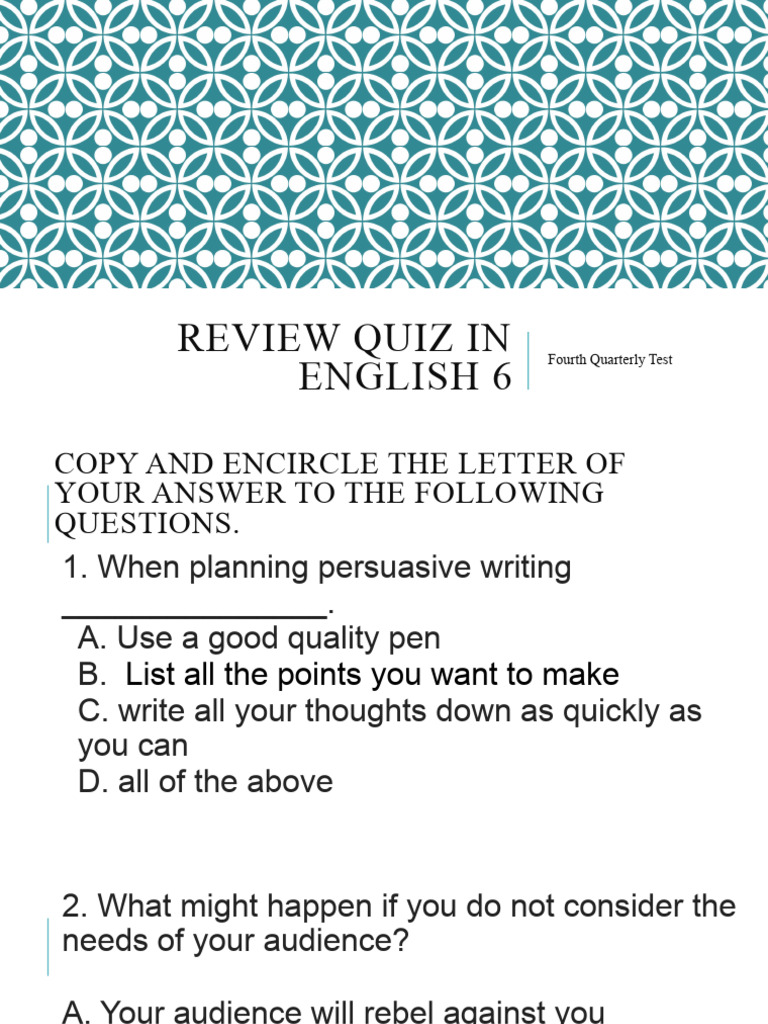 English 6 Quarterly Test Review Quiz | PDF | Essays | Cognition