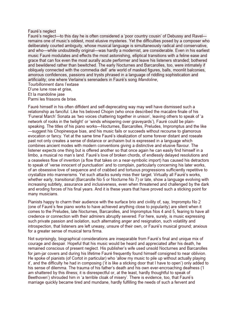 Bryce Morrison - Fauré's Neglect | PDF | Classical Music | Musical Compositions