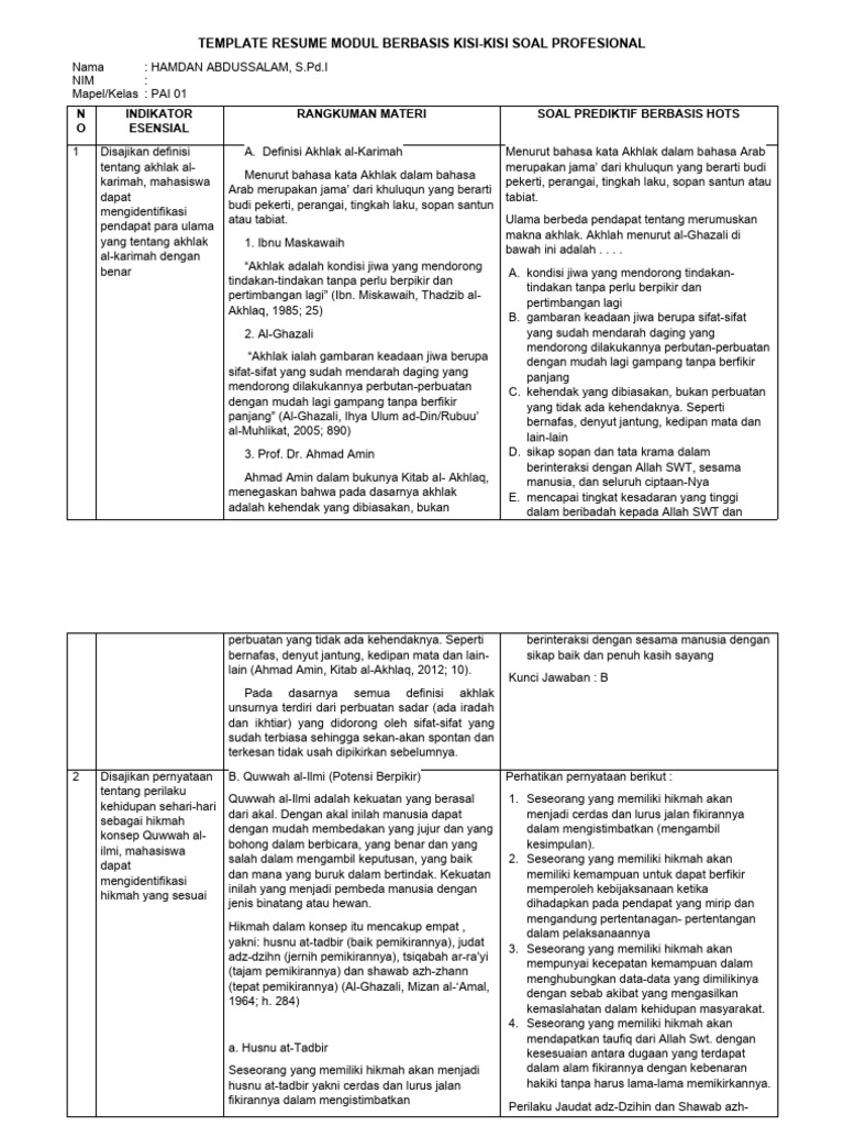 KB 2 Template Resume Modul Pendalaman Materi Berbasis Kisi-Kisi | PDF