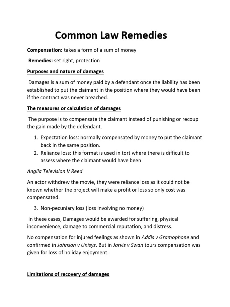 Common Law Remedies | PDF | Damages | Civil Law (Legal System)