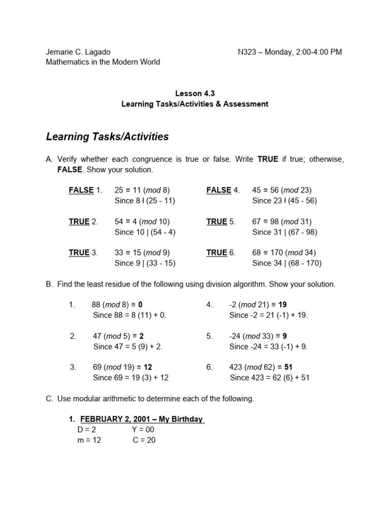 Modular Arithmetic Learning Activities | PDF | Arithmetic | Mathematics
