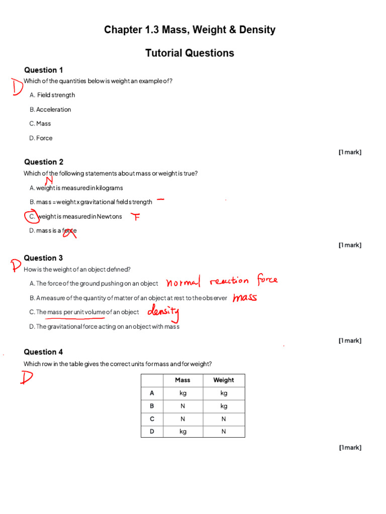 Tutorial (Annotated) 1.3 Mass, Weight and Density | PDF