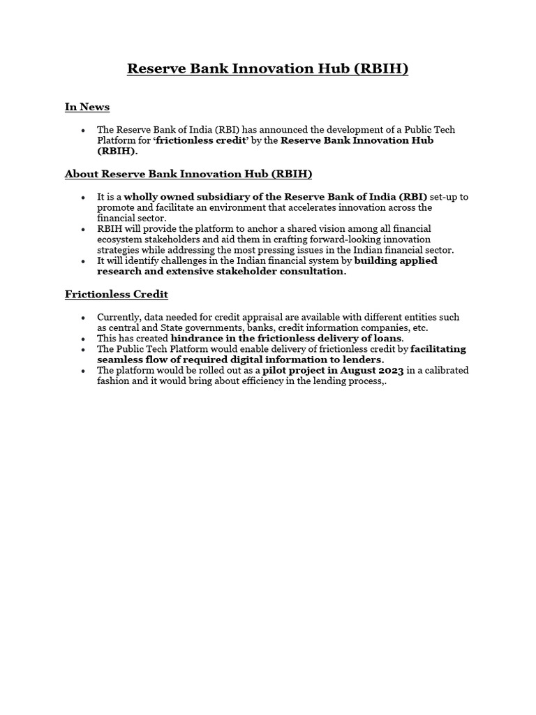 Reserve Bank Innovation Hub (RBIH) | PDF
