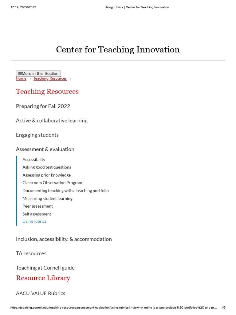 Using Rubrics Center For Teaching Innovation Pdf Rubric Academic
