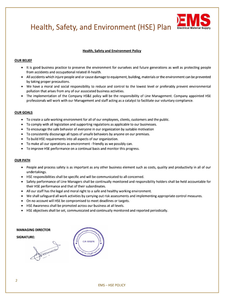 EMS-Health Safety & Environment Policy | PDF
