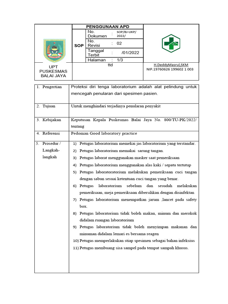 SOP (PP8) Penggunaan Alat Pelindung Diri | PDF