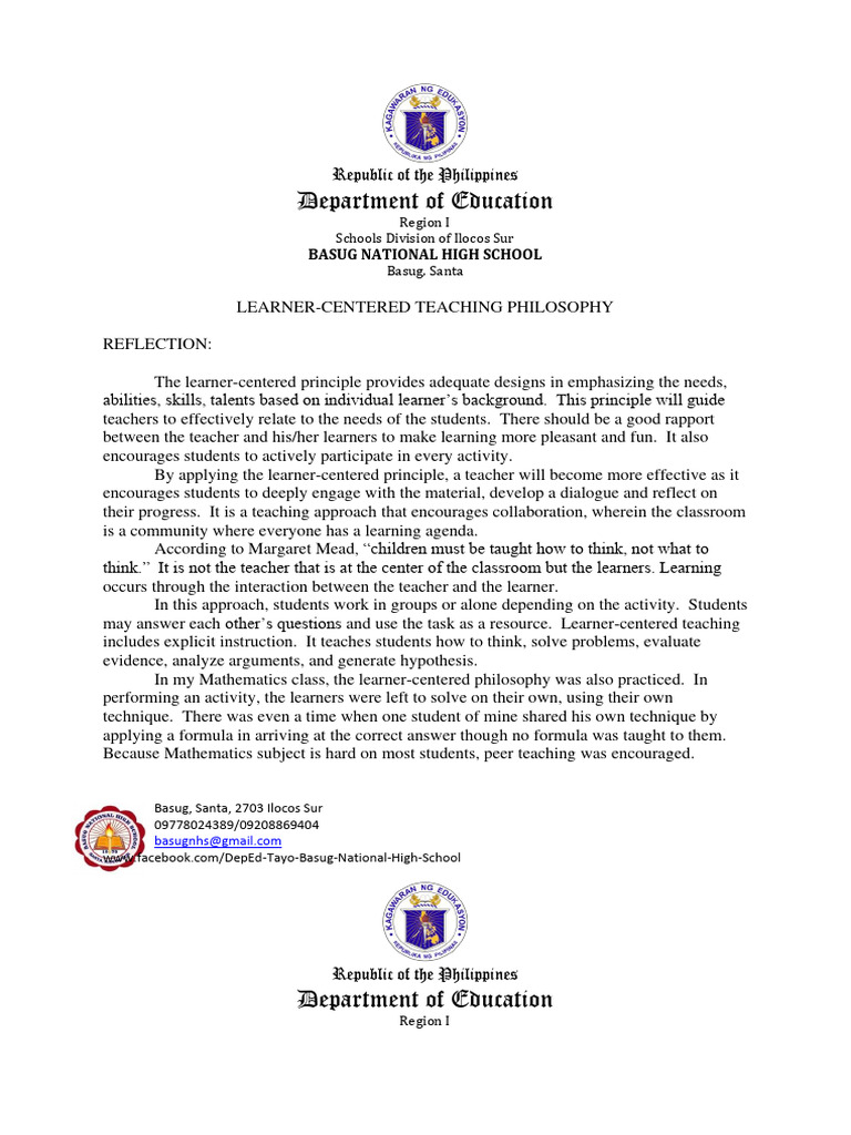 Reflection On Learner Centered Philosophy 2023 Pdf Learning Pedagogy
