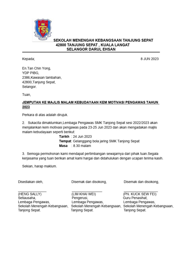 Surat Jemputan Sebagai Perasmi Majlis Kebudayaan | PDF