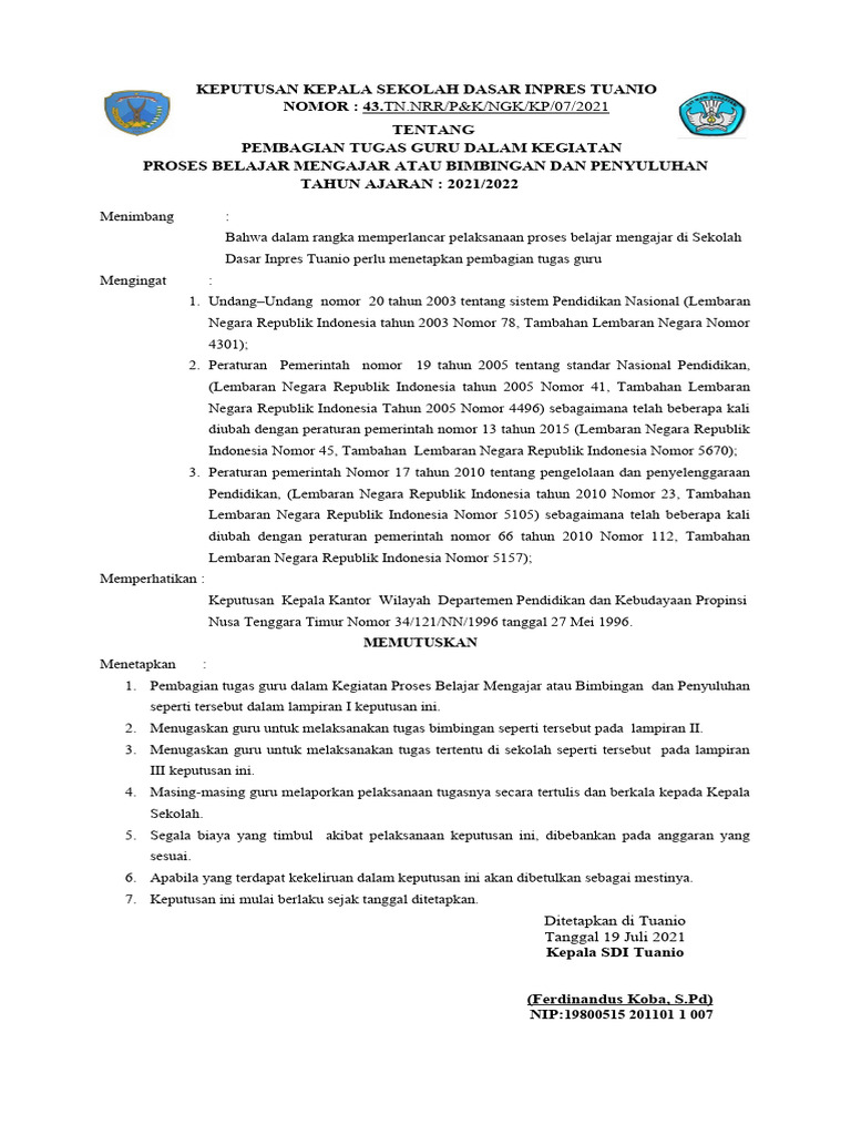 SK Pembagian Tugas 2021 | PDF