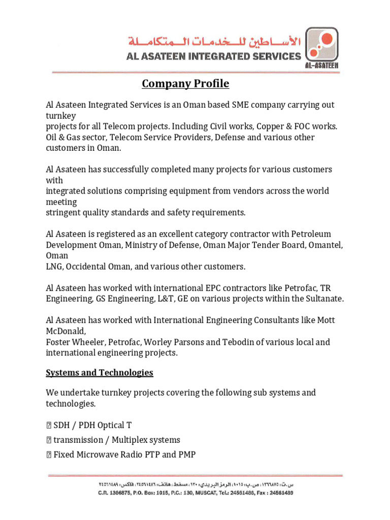 Al Asateen Integrated Services Company Profile | PDF | System | Optical ...