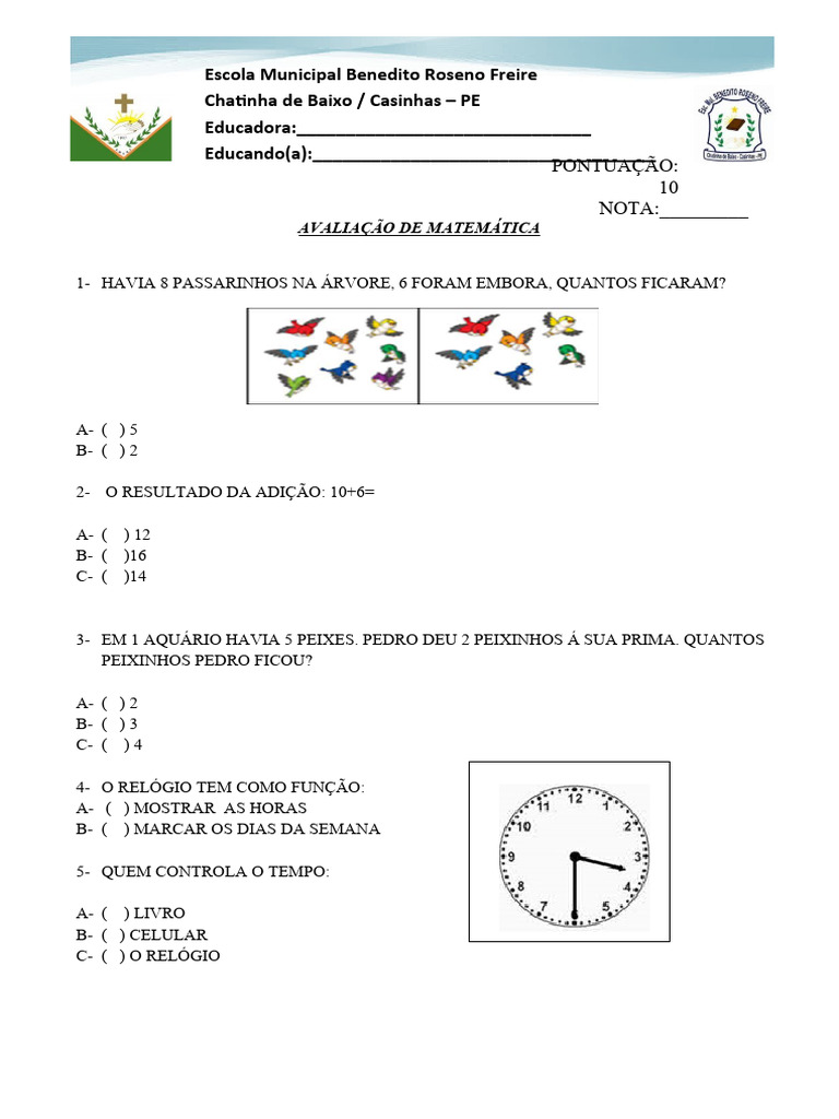 Avaliação De Matemática 2º Bimestre Pdf