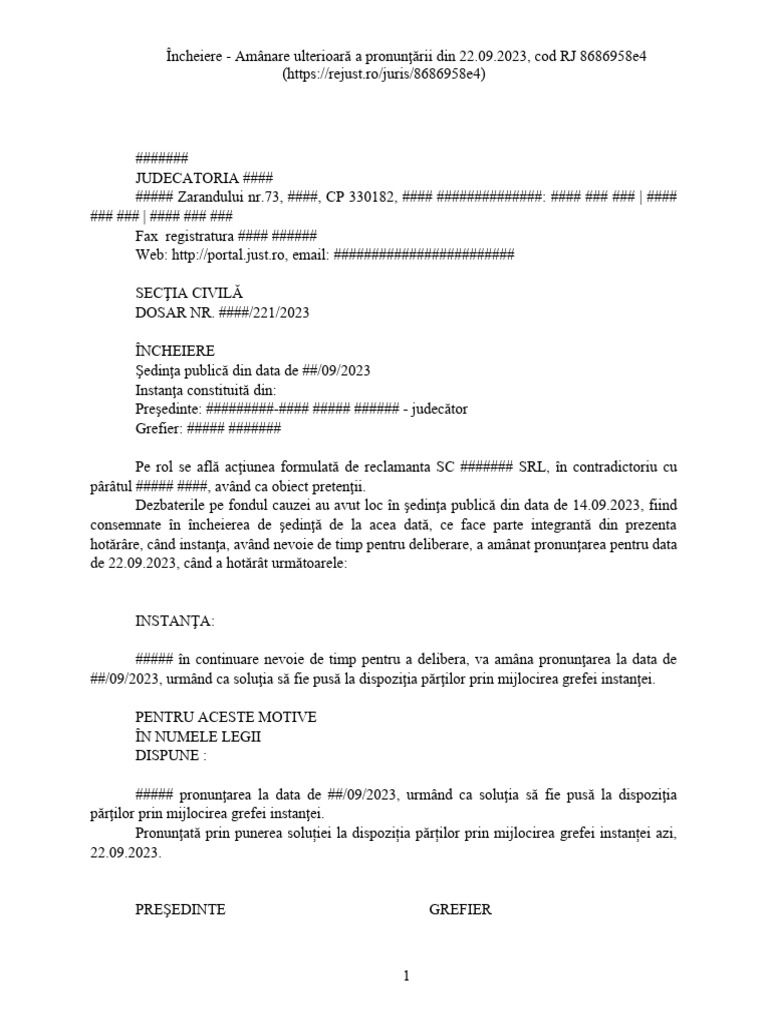 Încheiere - Amânare Ulterioară A Pronunţării-22.09.2023-8686958e4 | PDF