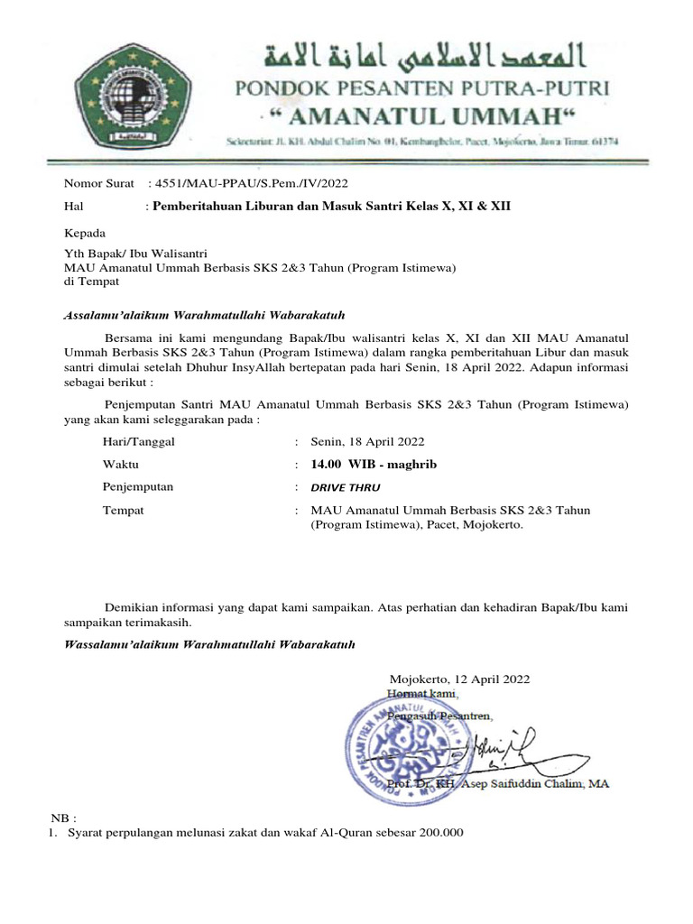 Surat Perpulangan Santri 2022 | PDF Surat Perpulangan Santri 2022 | PDF