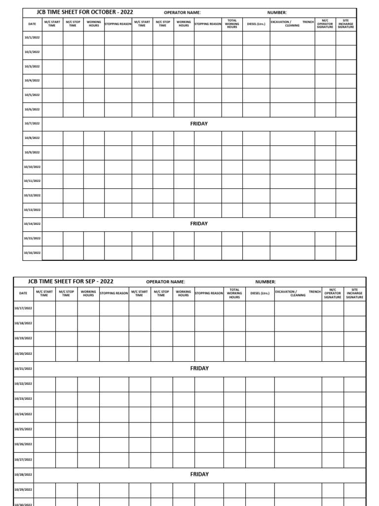JCB Time Sheet October 2022 | PDF