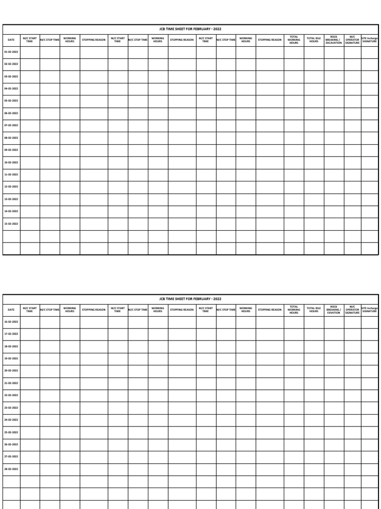 Excavator Time Sheet | PDF