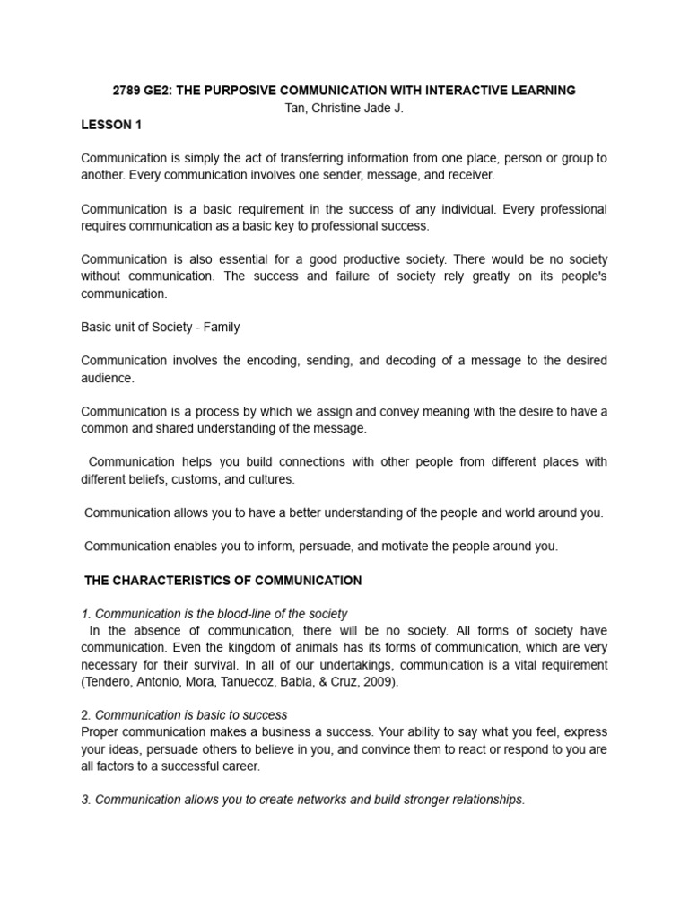 Tan - Lesson 1 - Purposive Communication With Interactive Learning ...