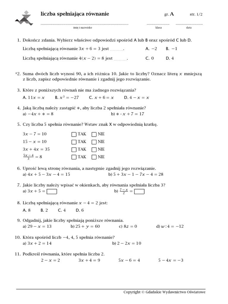 Kl. 6. Wyrazenia Algebraiczne I Rownania Liczbaspelniajaca Rownanie | PDF