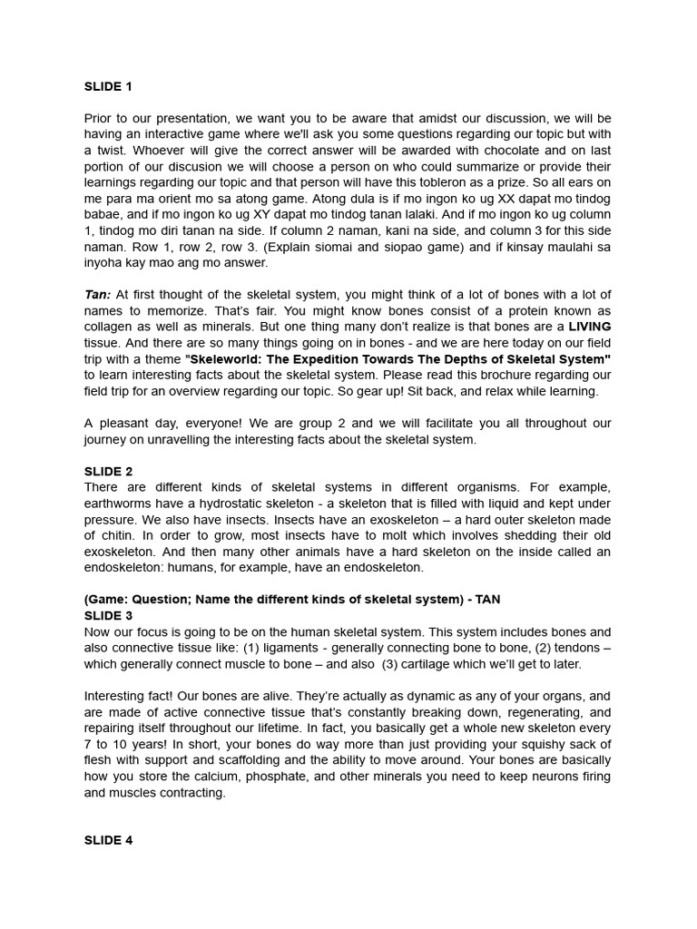 Final Script of Skeletal System Reporting | PDF | Skeleton | Bone