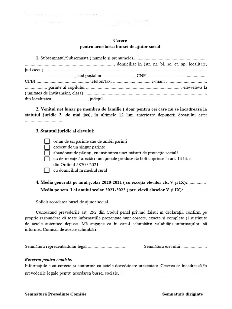 Cerere Tip Bursa de Ajutor Social | PDF