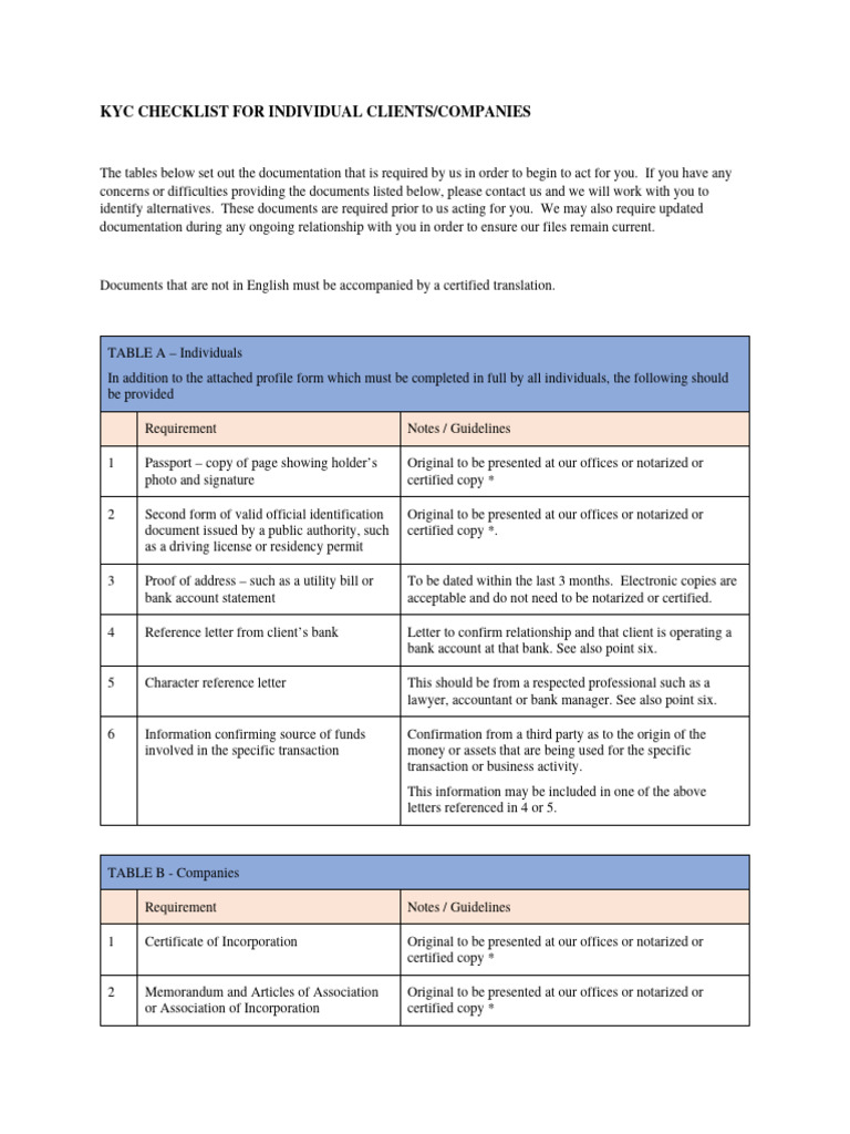 KYC Checklist - Table A and Table B-1 | PDF | Notary Public | Identity ...