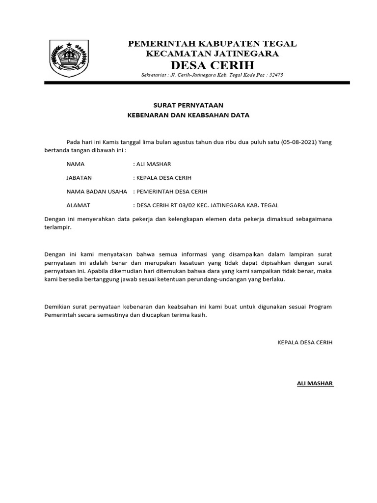 Surat Pernyataan Dan Keabsahan Data | PDF