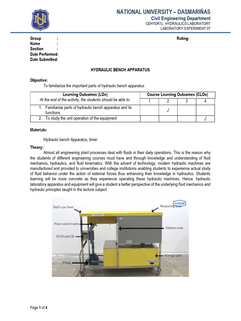 National University - Dasmariñas: Cehydr1L: Hydraulics Laboratory ...
