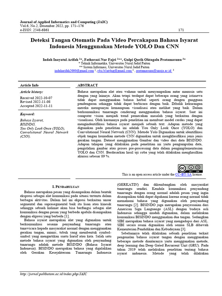 Deteksi Tangan Otomatis Pada Video Percakapan Bahasa Isyarat Indonesia ...